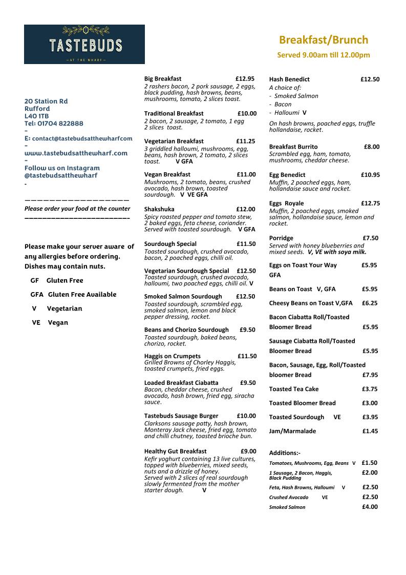 Menu at Tastebuds at the Wharf cafe, Rufford