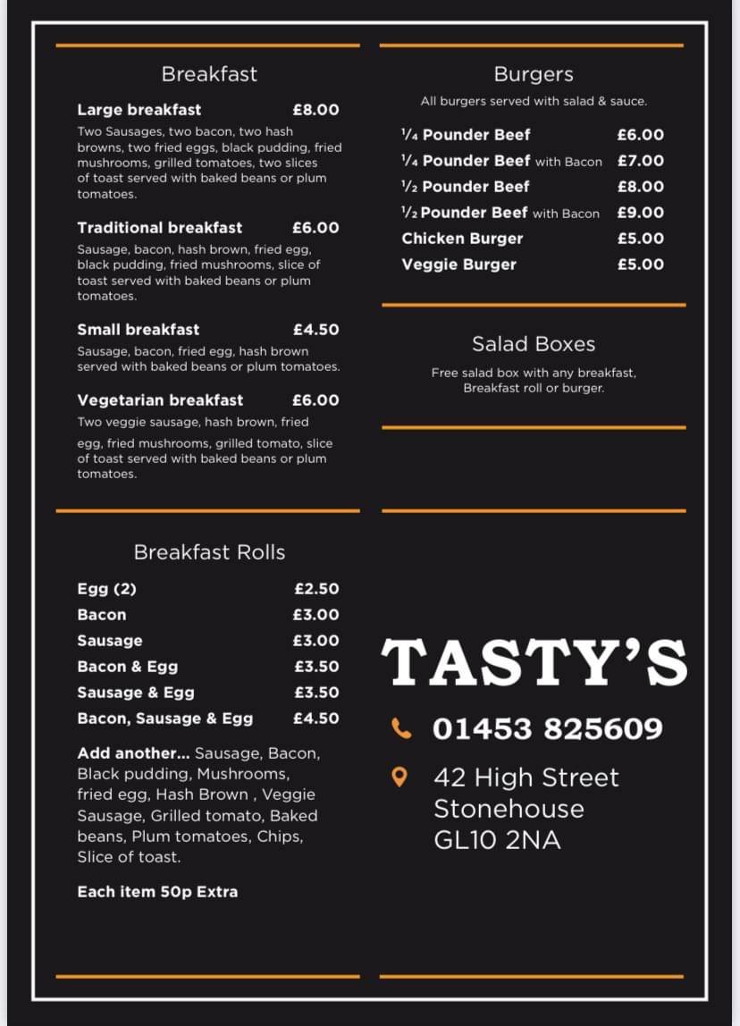 Menu at Tasty’s cafe, Stonehouse