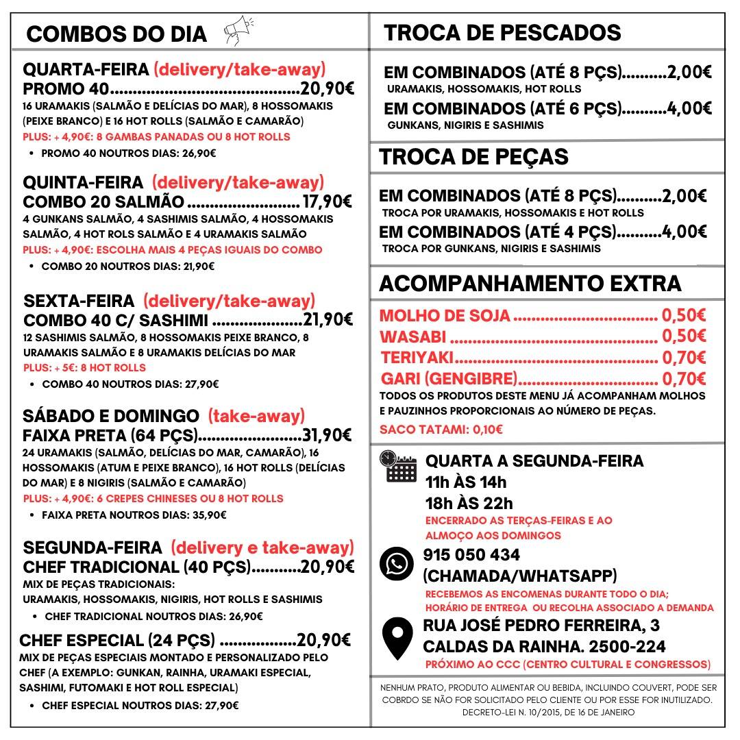 Carta de Restaurante Tatami Japa Fusion, Caldas da Rainha