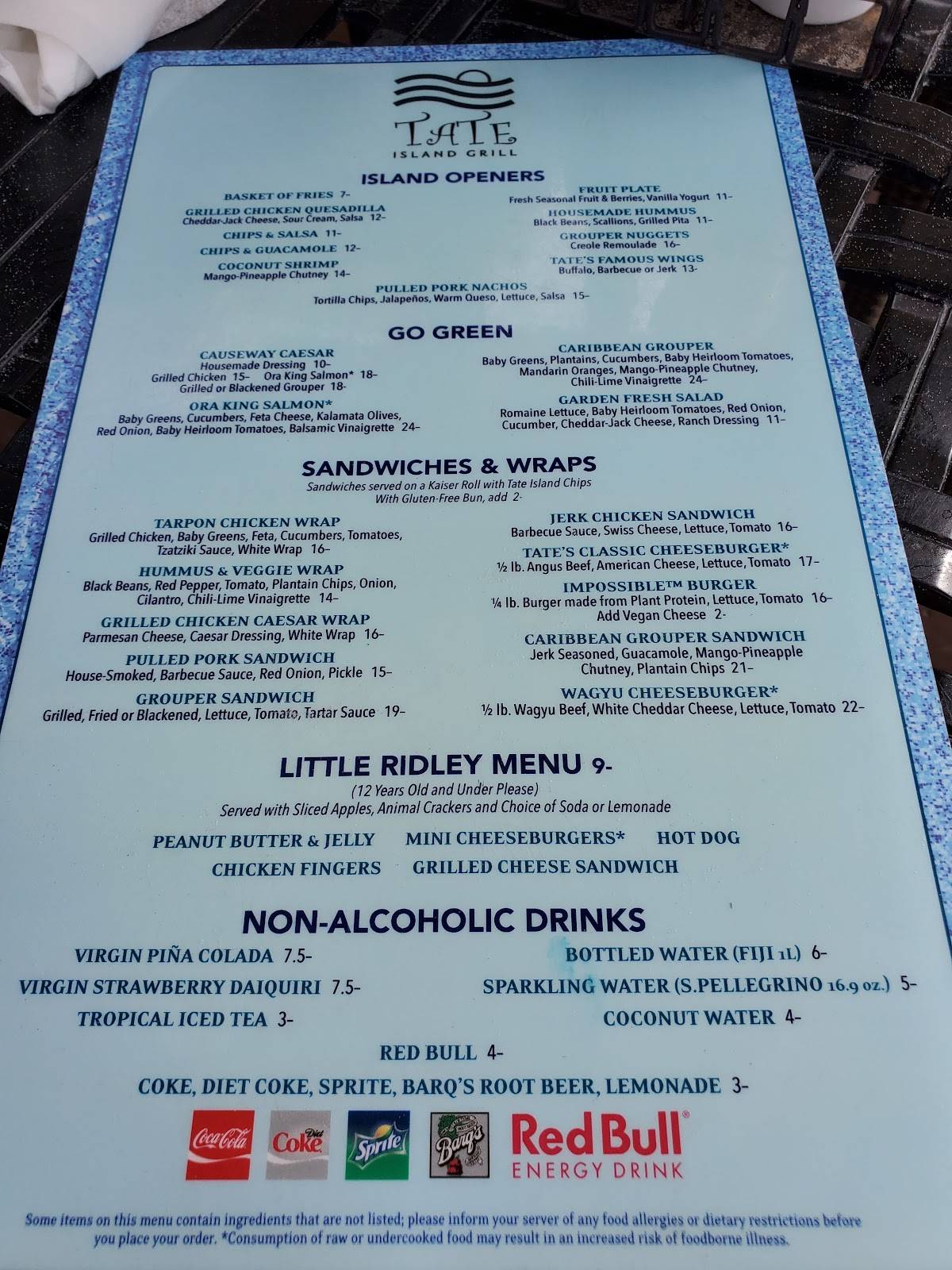 Menu at Tate Island Grill restaurant, Clearwater, 500 Mandalay Ave