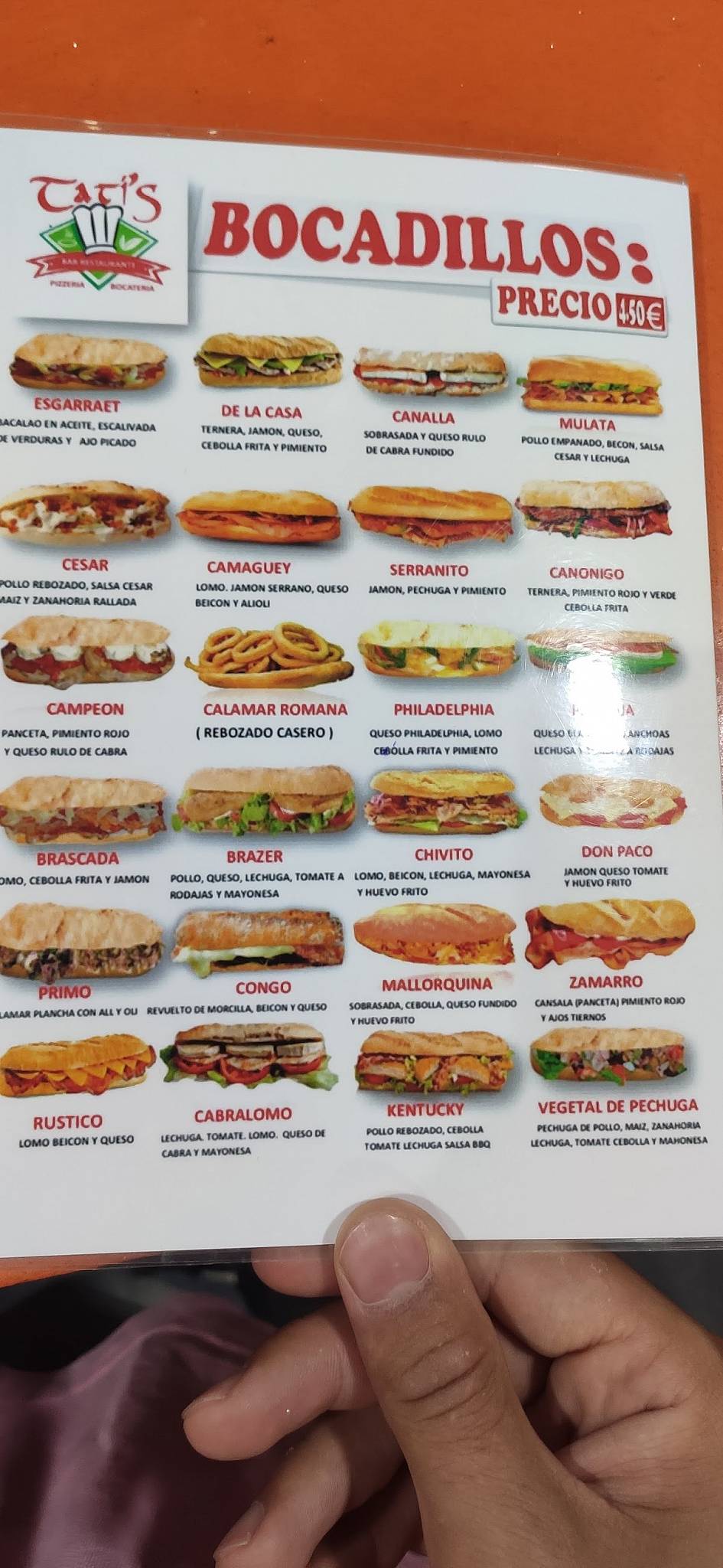 Carta del restaurante Tati's, Ayelo del Malferit