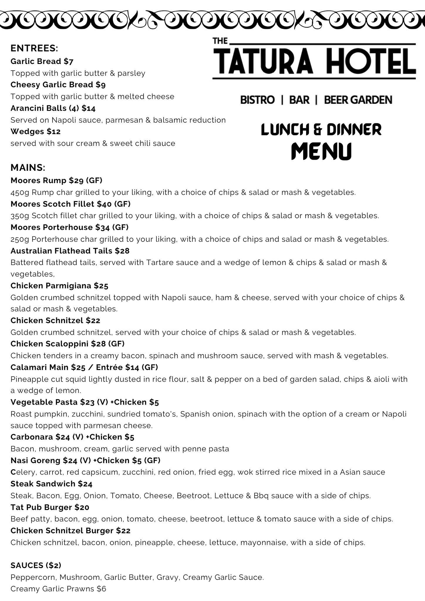 Menu at Tatura Kebabs pub & bar, Tatura