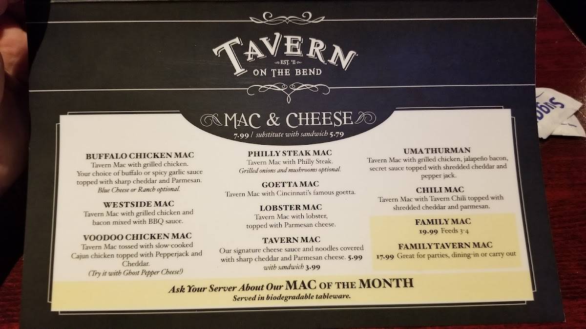 Menu at Tavern On the Bend pub & bar, Cincinnati