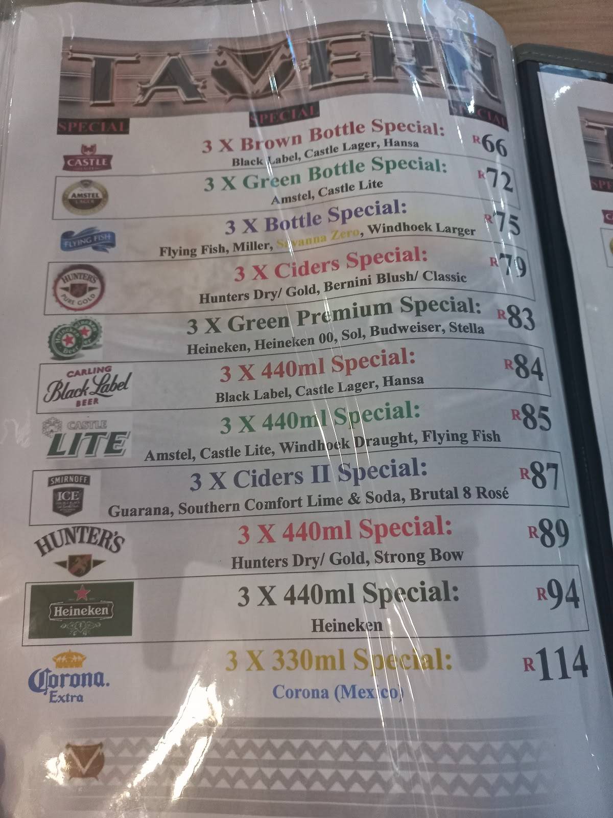 Menu at Tavern Restaurant, Soweto, Chris Hani Rd