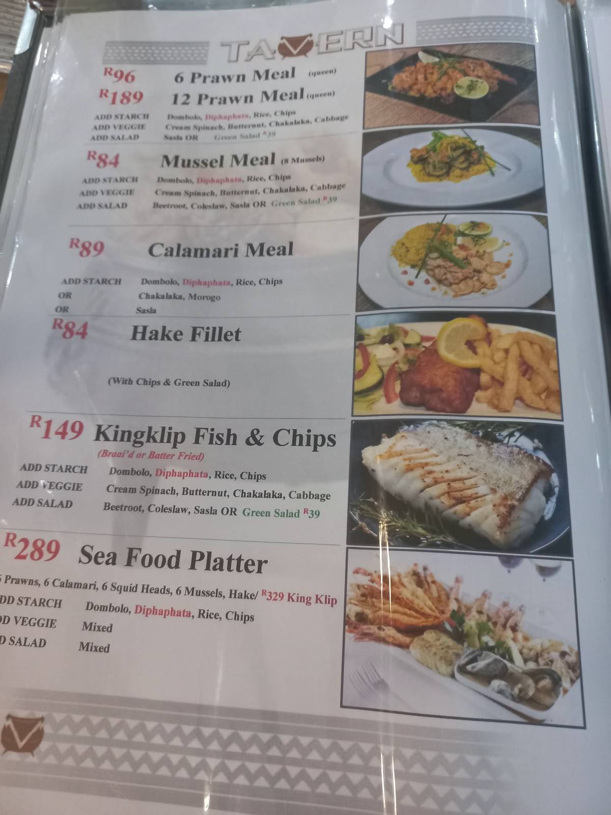 Menu at Tavern Restaurant, Soweto, Chris Hani Rd