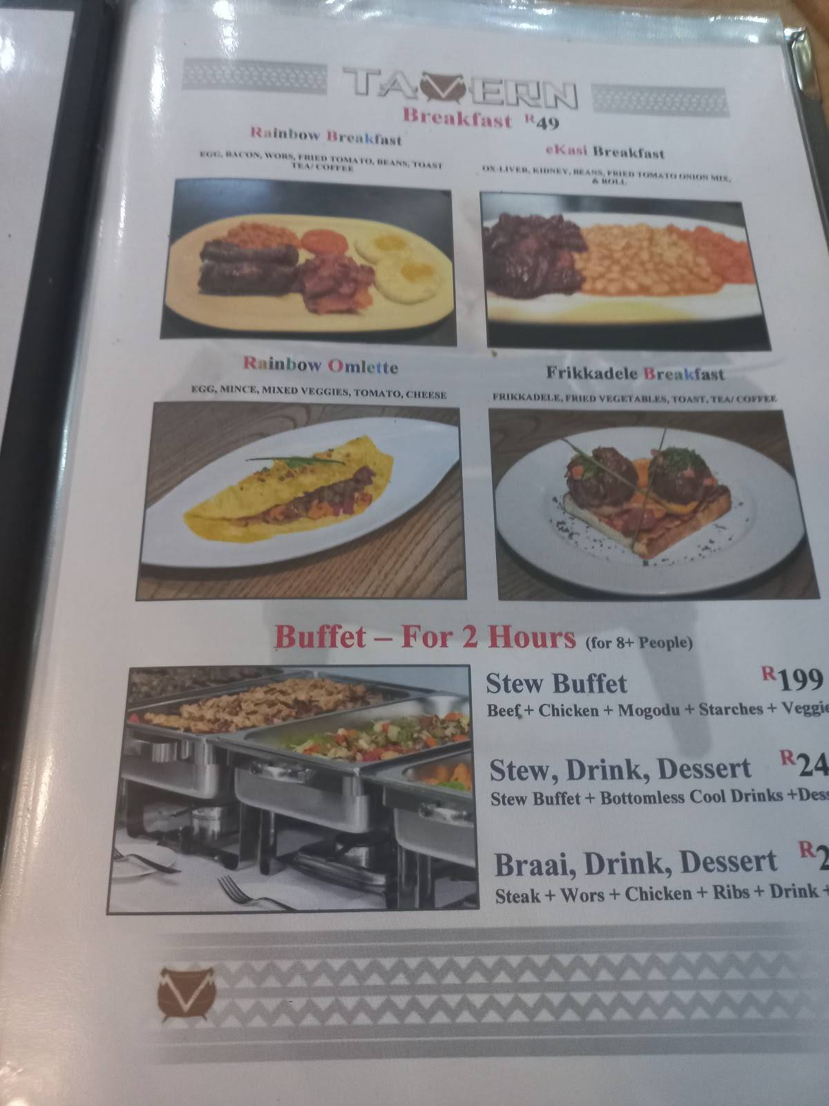 Menu at Tavern Restaurant, Soweto, Chris Hani Rd