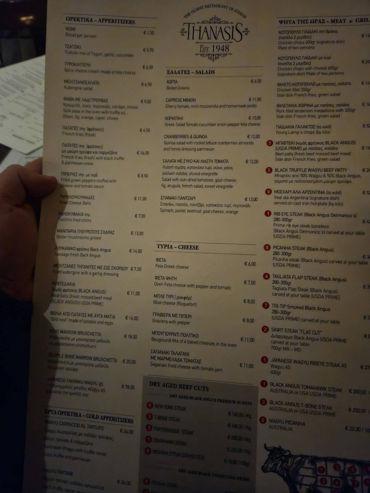 Menu at Tavern "Thanasis 1948", Athens, Kon/nou Kavafi 48