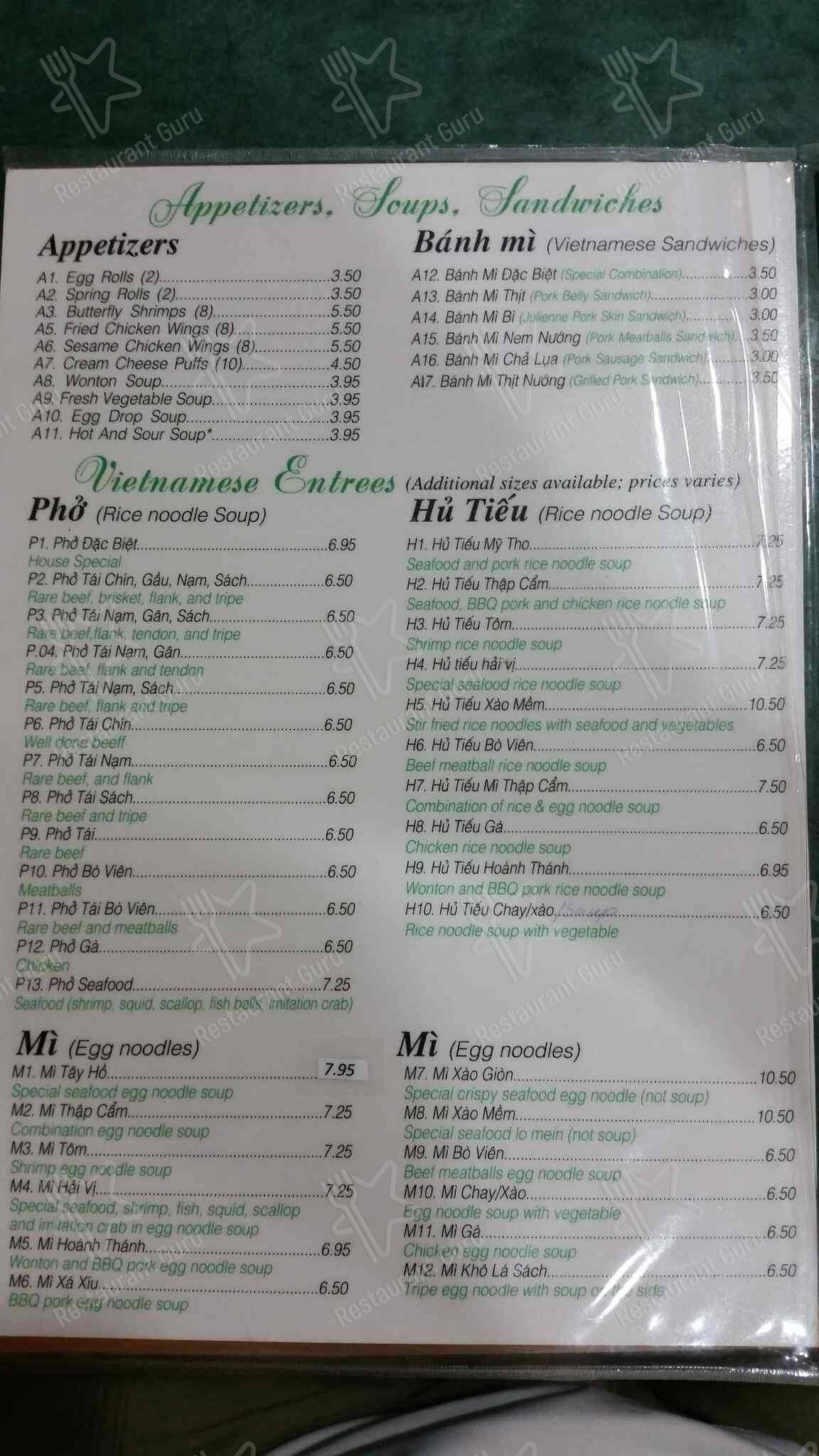 Menu at Tay Ho restaurant, Saint Paul