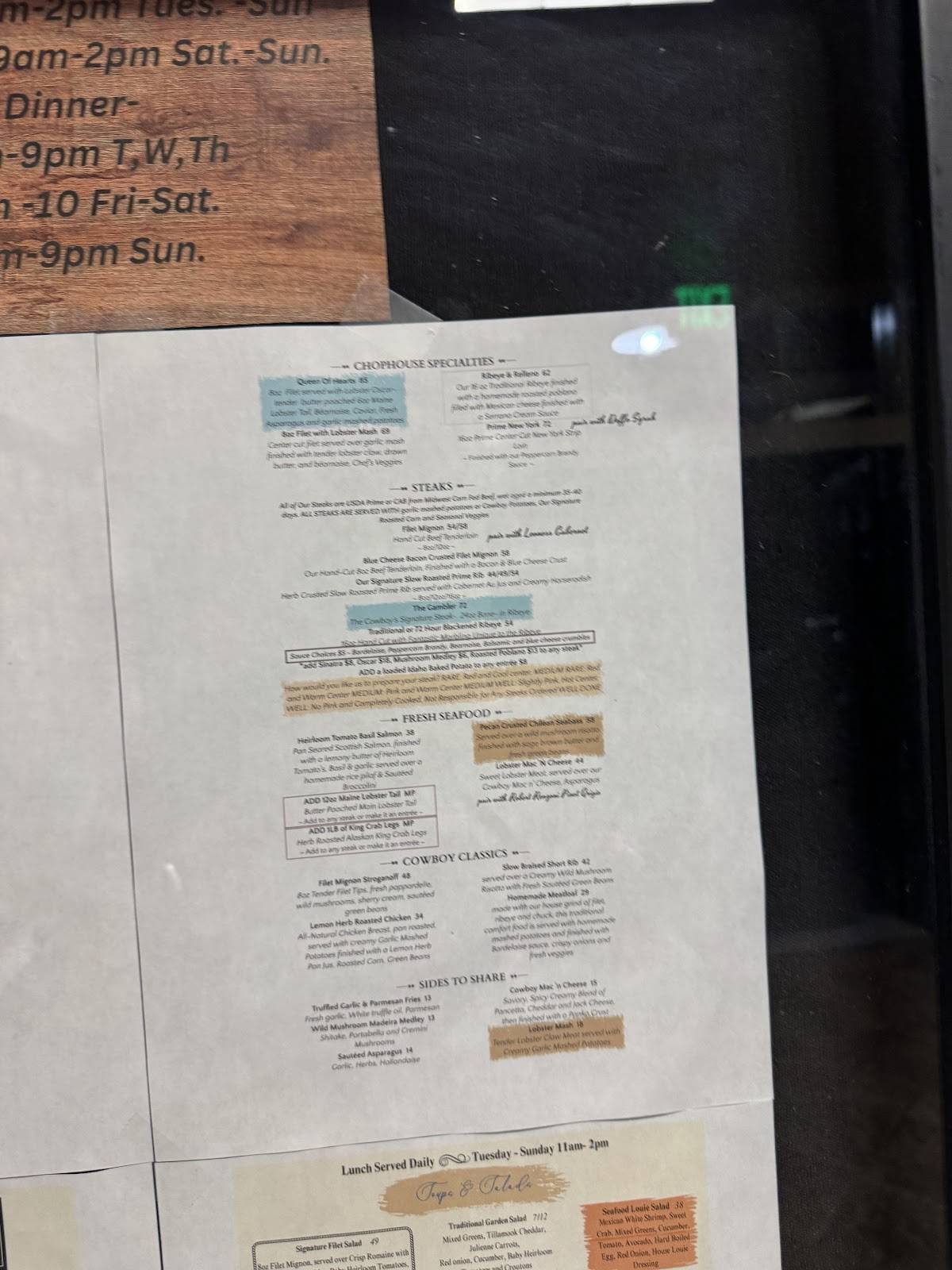 Menu at The Gambling Cowboy steakhouse, Temecula