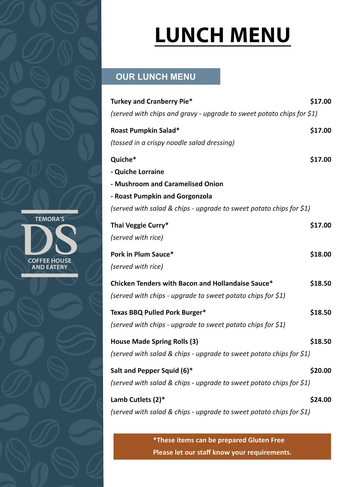 Menu at Temora's Double Shot cafe, Temora