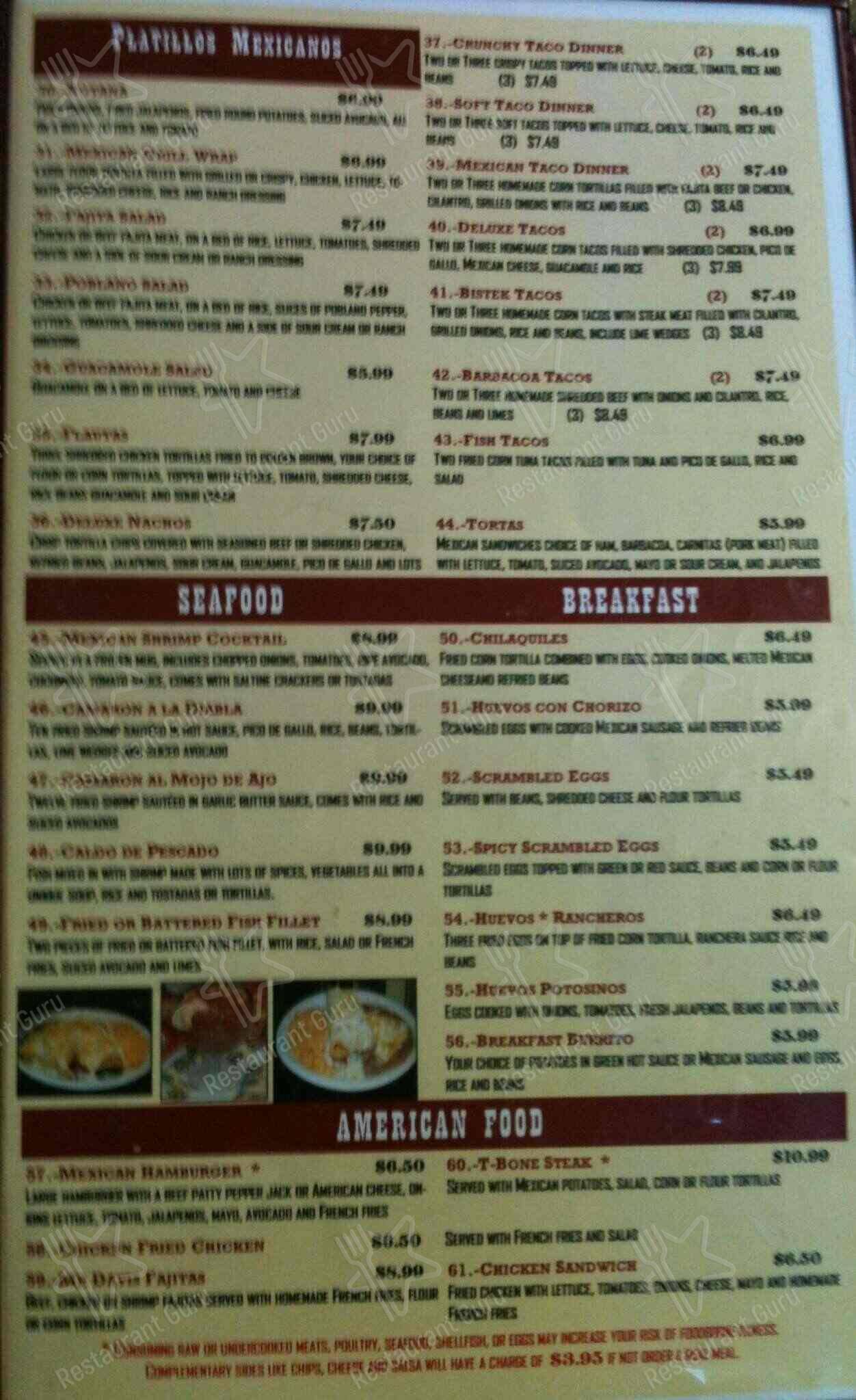 Menu at El Tepeyac restaurant, Blanchard, Veterans Memorial Hwy