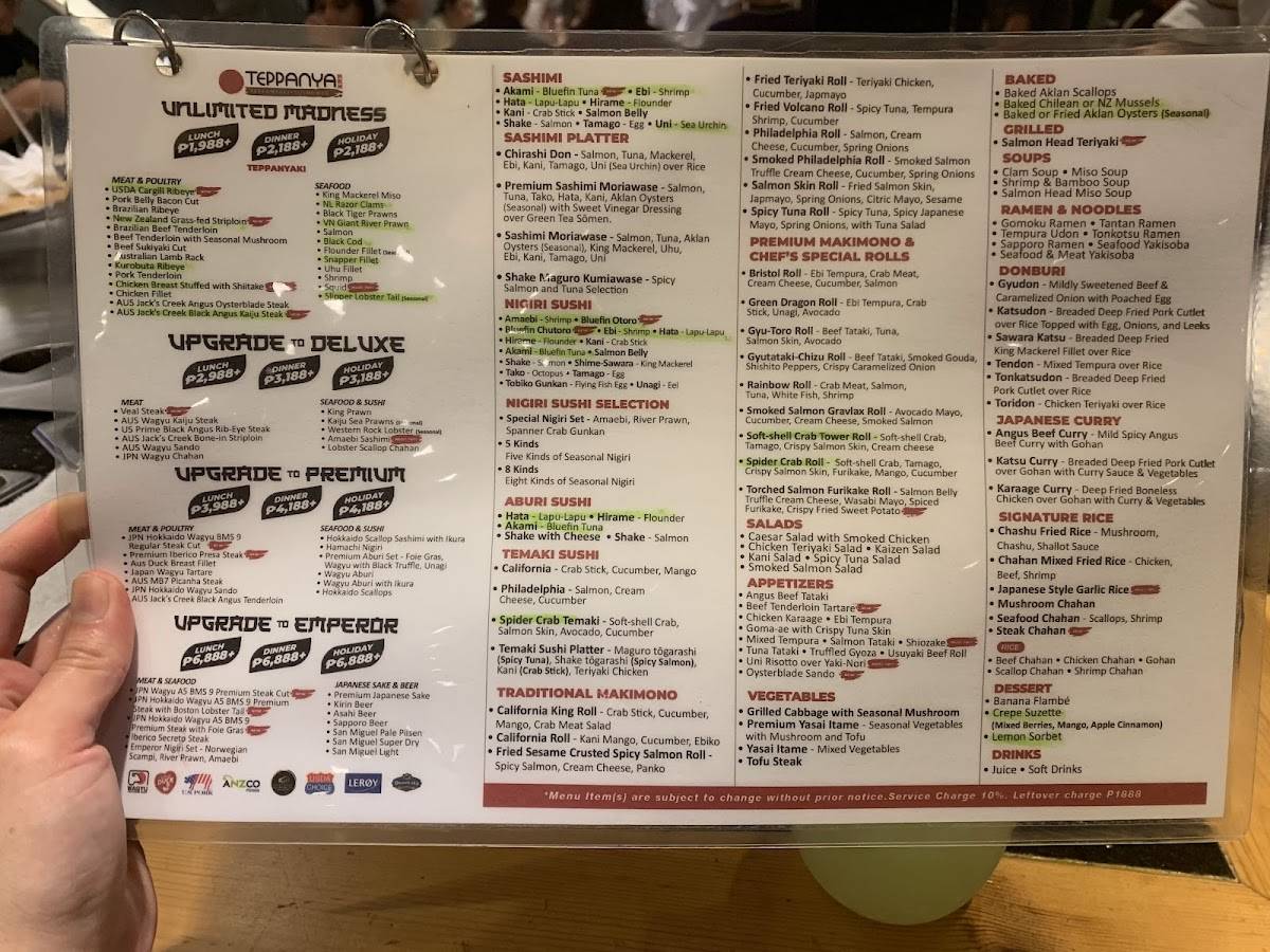 Menu at Teppanya Shangri-La Plaza restaurant, Mandaluyong