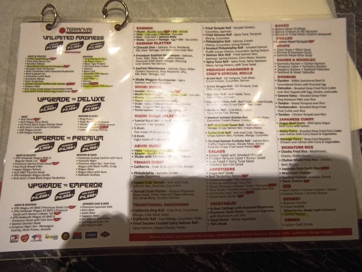 Menu at Teppanya Shangri-La Plaza restaurant, Mandaluyong
