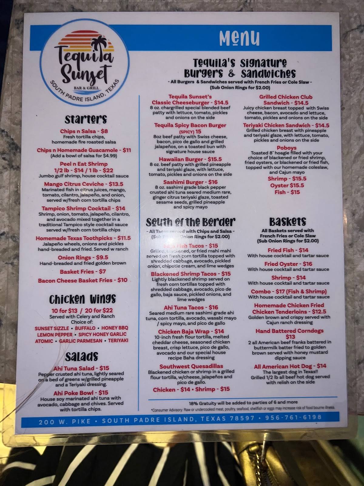 Menu at Tequila Sunset Bar & Grill, South Padre Island