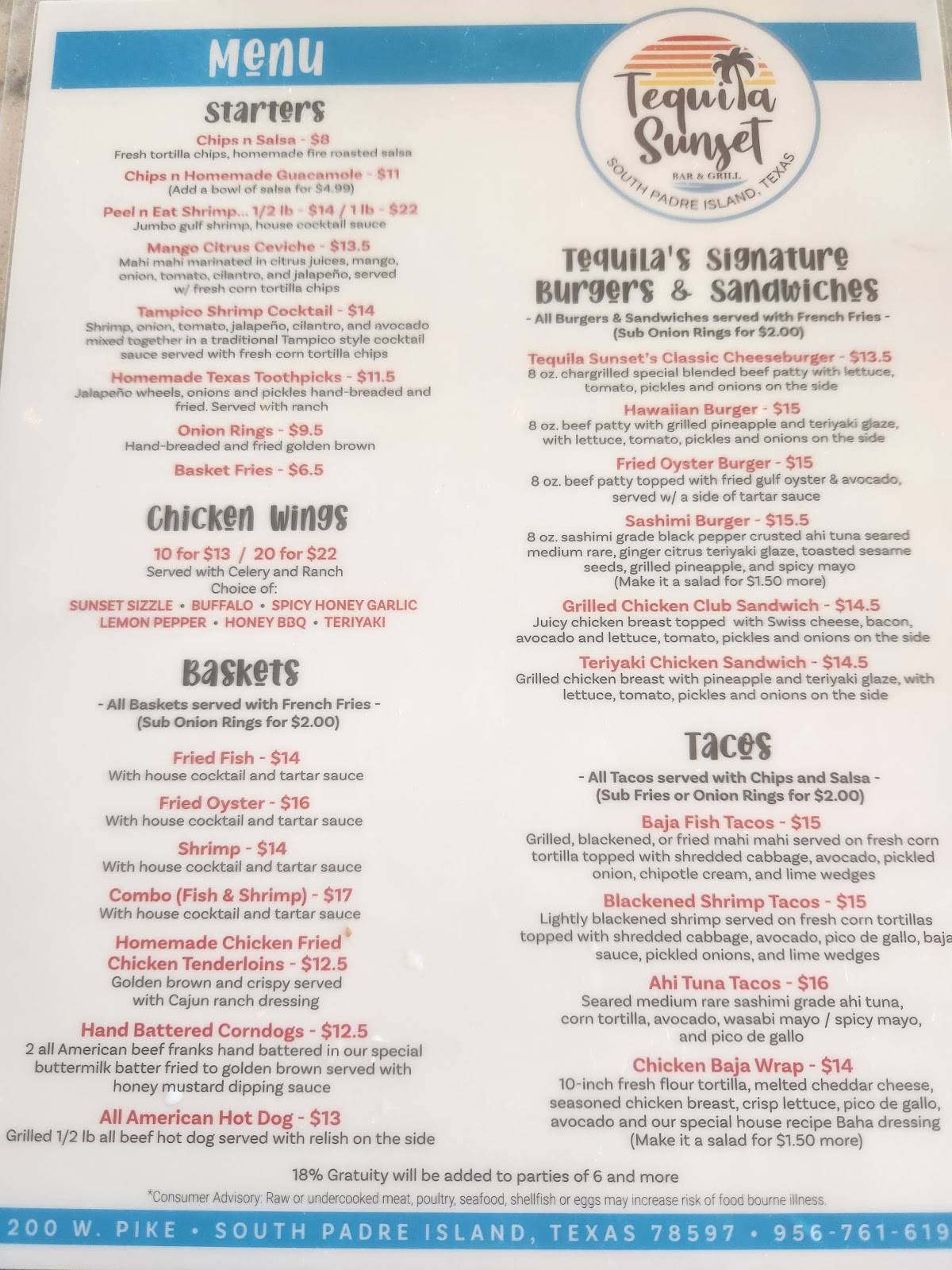 Menu at Tequila Sunset Bar & Grill, South Padre Island