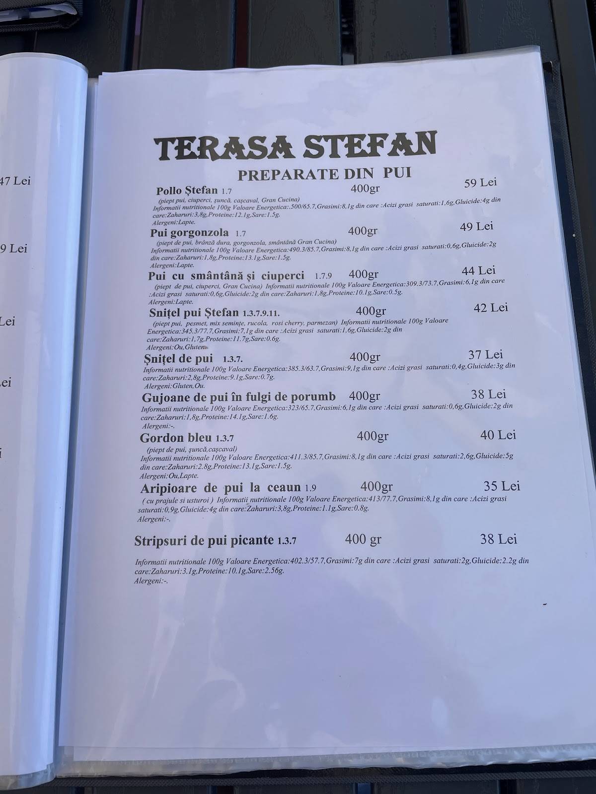 Menu at Terasa Ștefan Costinești, Schitu