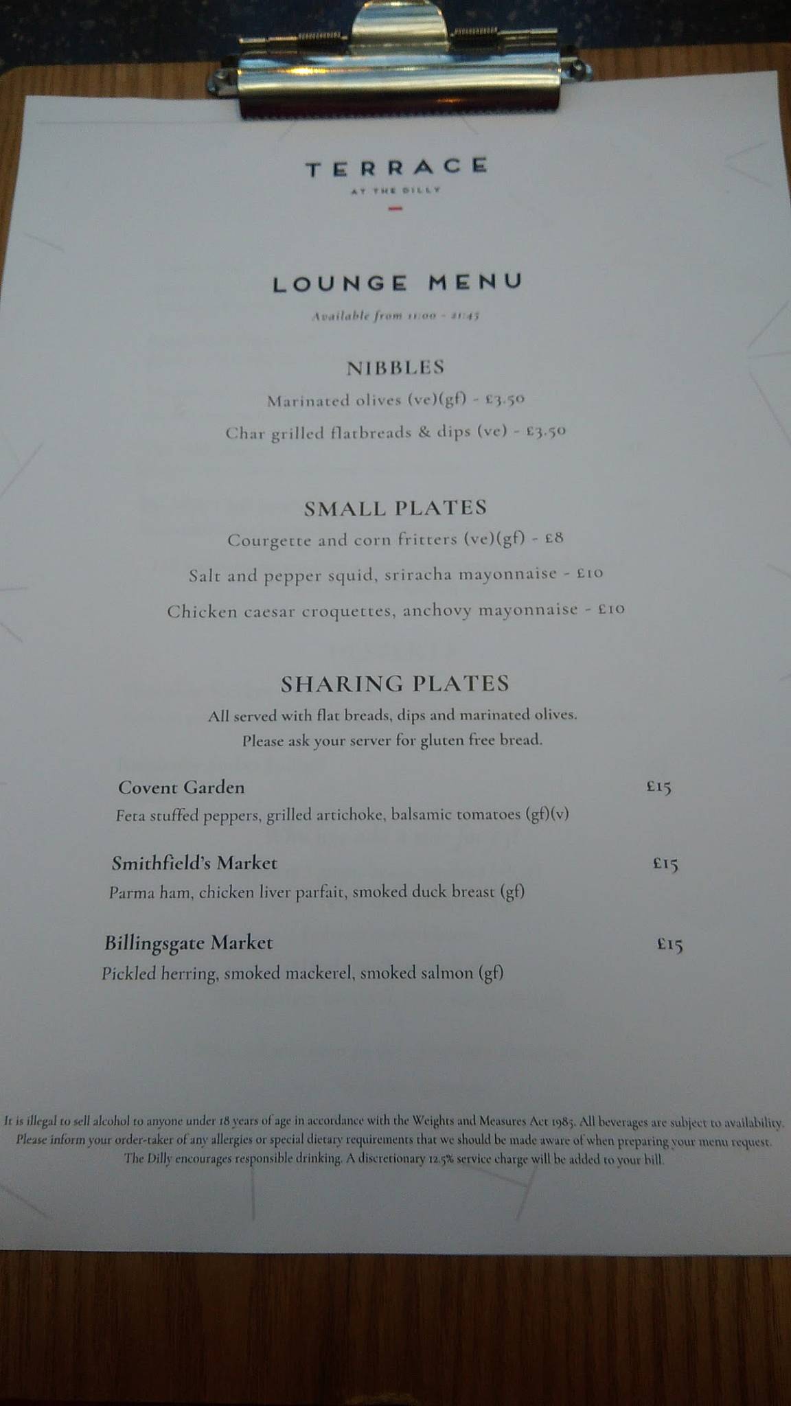 Menu at Terrace at The Dilly restaurant, London, 21 Piccadilly