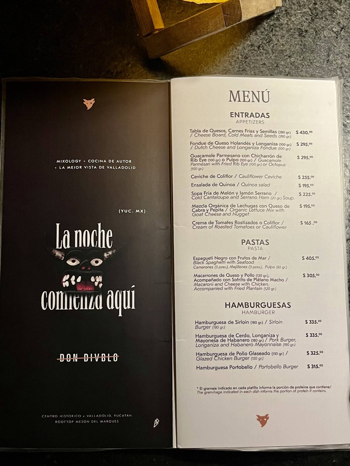 Menu at Terraza Don diablo restaurant, Valladolid