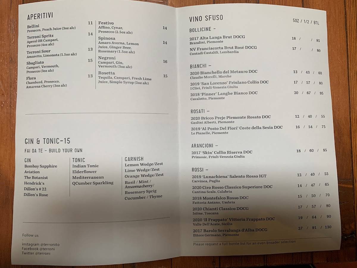 Menu at Terroni restaurant, Toronto, 57 Adelaide St E