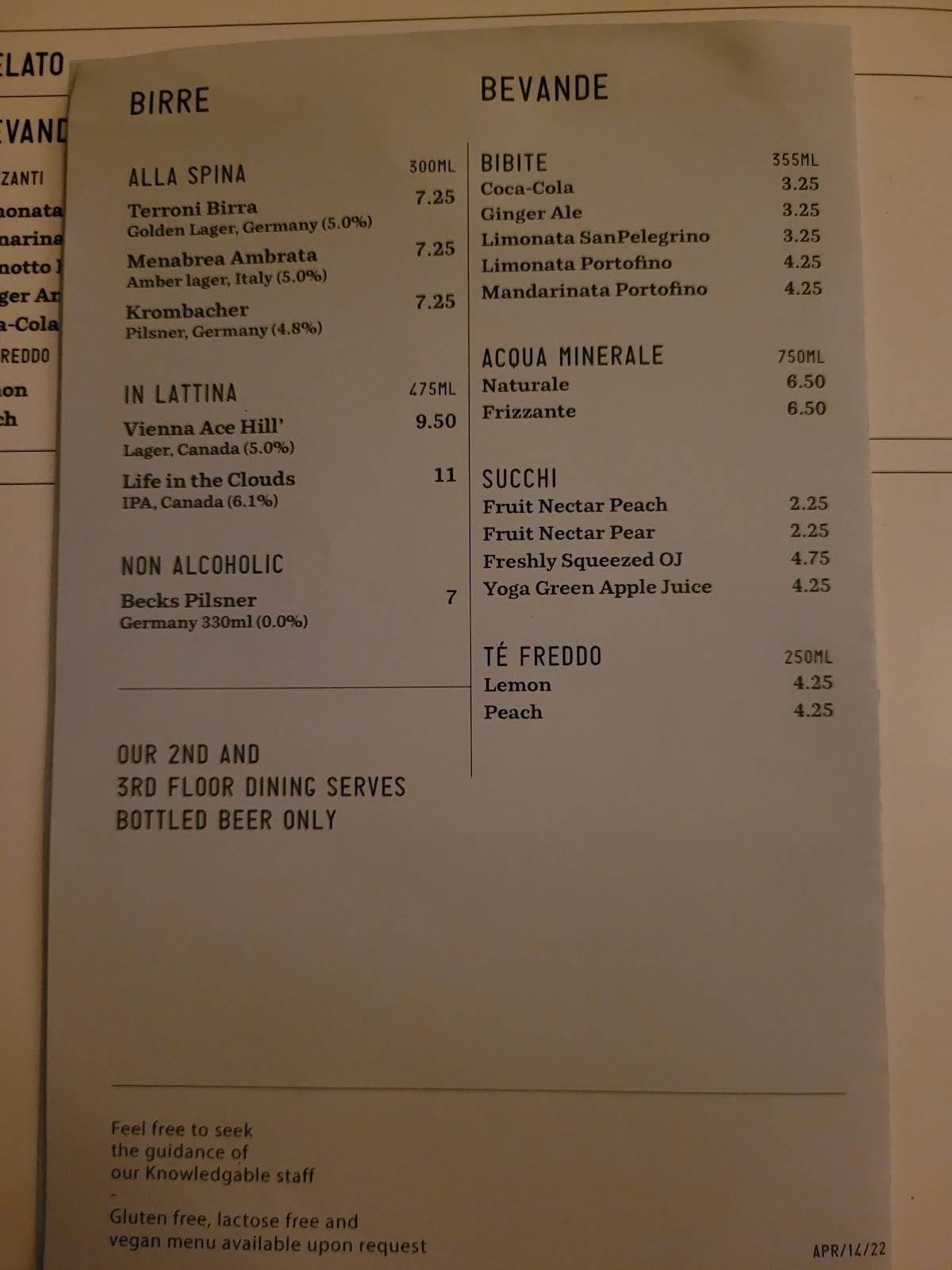 Menu at Terroni restaurant, Toronto, 57 Adelaide St E