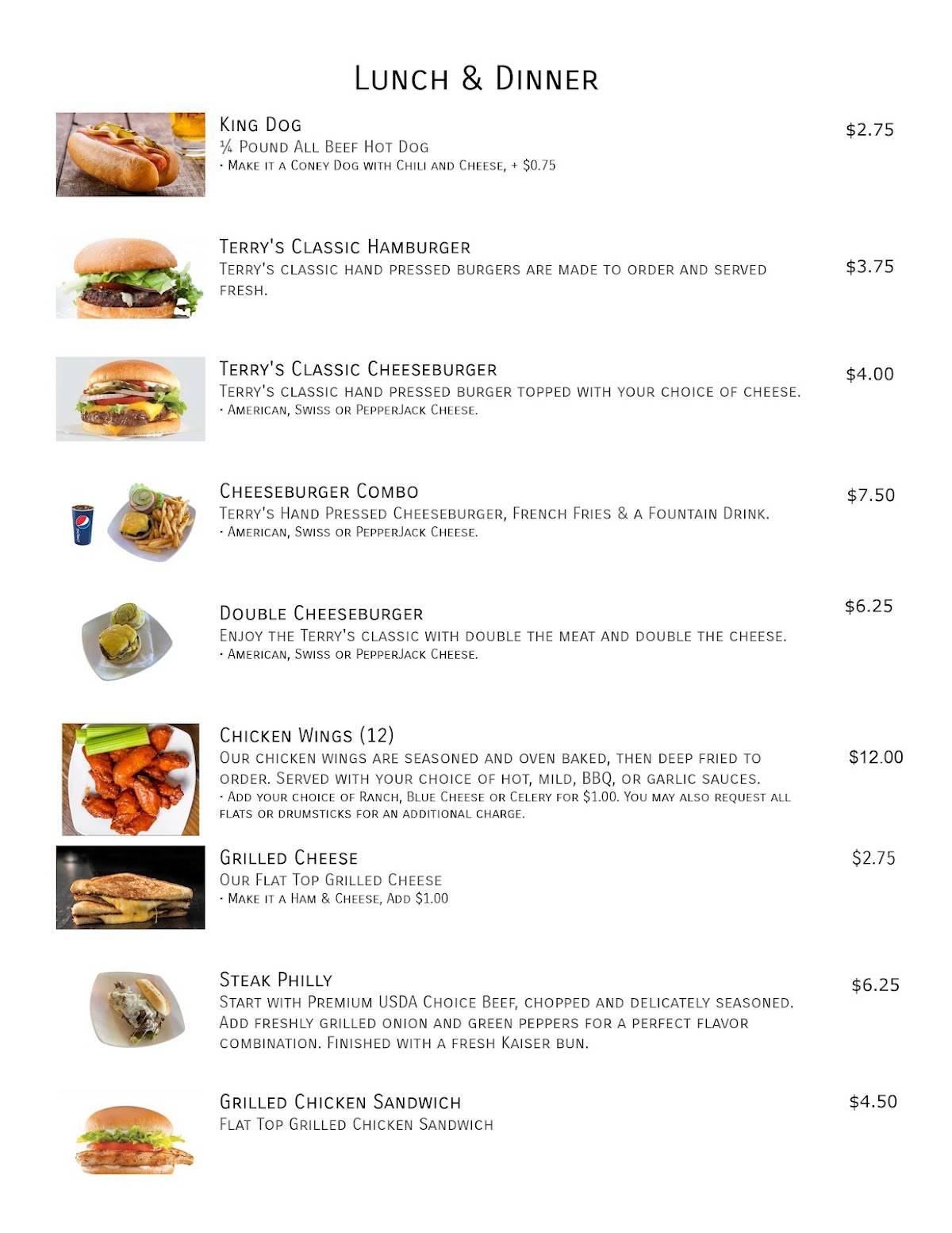 Menu at Terry's Tavern pub & bar, Zanesville