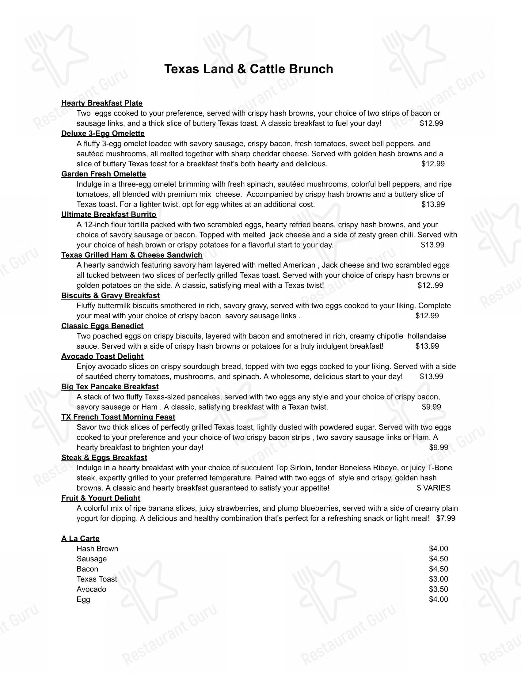Menu at Texas Land & Cattle steakhouse, Austin, S I-35 Frontage Rd