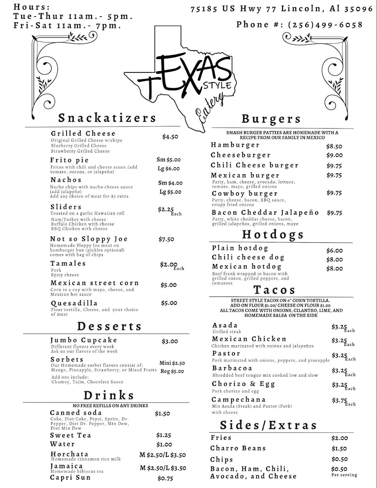 Menu at Texas Style Eatery restaurant, Lincoln