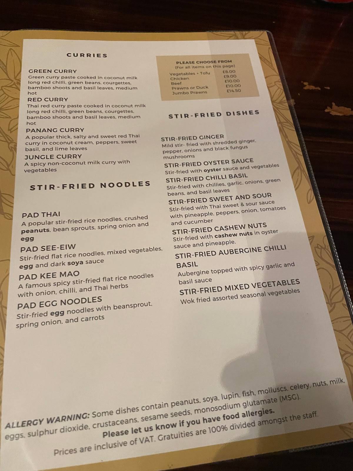 Menu at Thai Lemon restaurant, Pinner