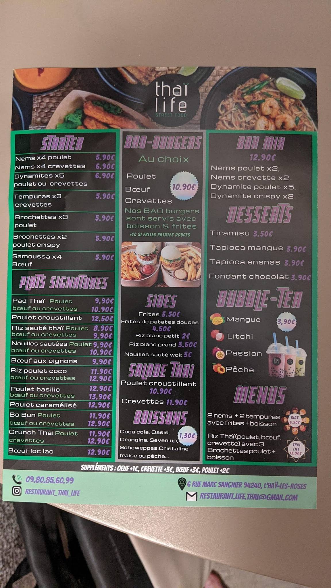 Menu au Thai Life restaurant, L'Haÿ-les-Roses