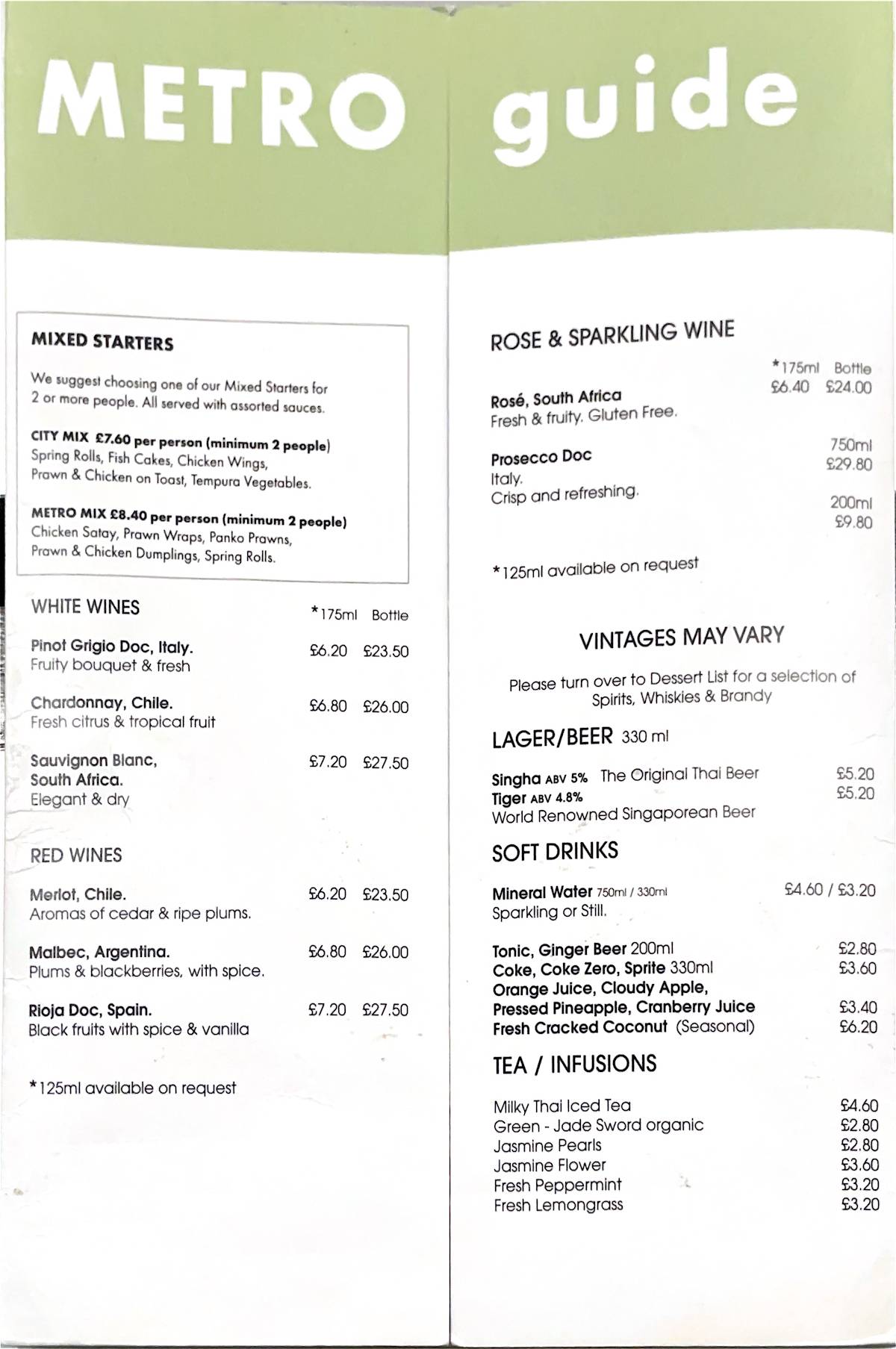 Menu at Thai Metro restaurant, London