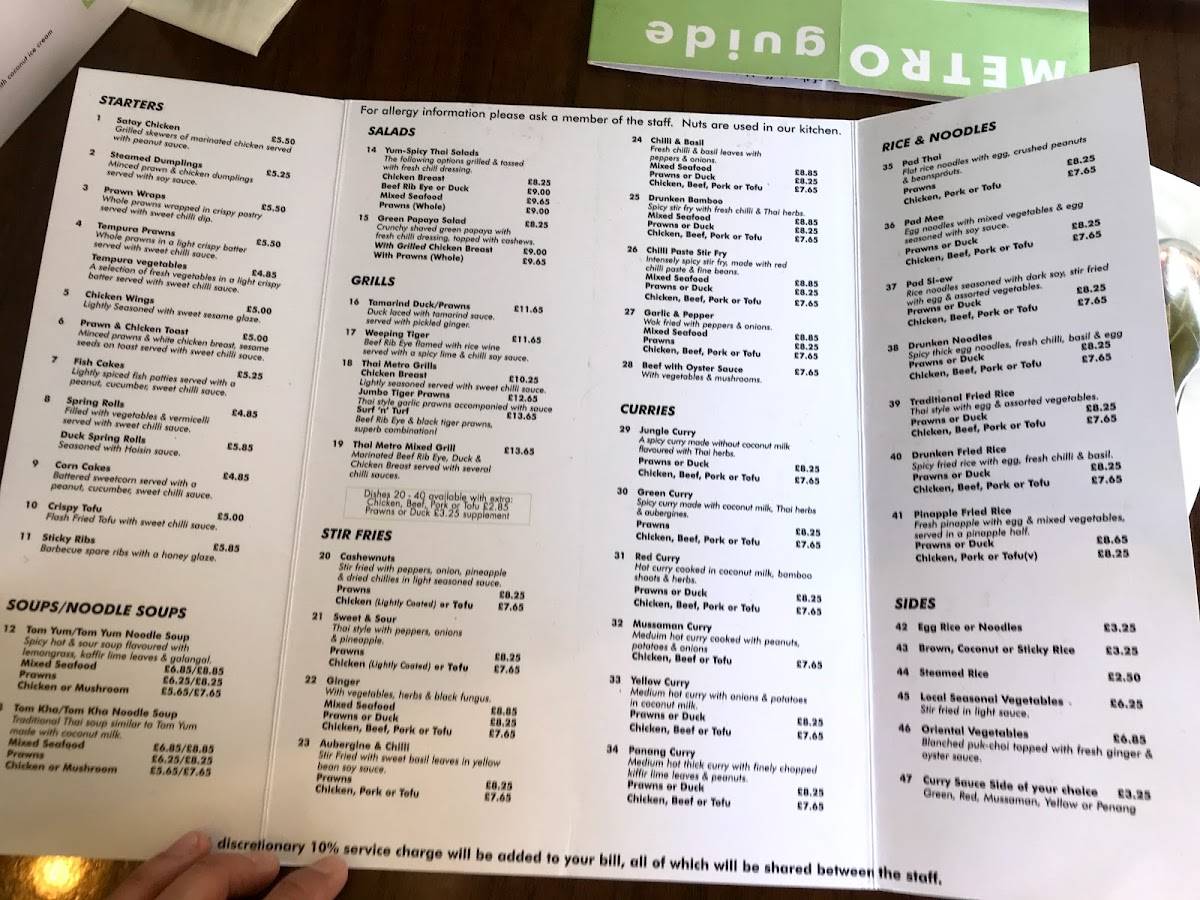 Menu at Thai Metro restaurant, London