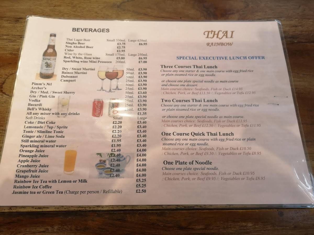 Menu at Thai Rainbow restaurant, Lichfield, 15 Bird St
