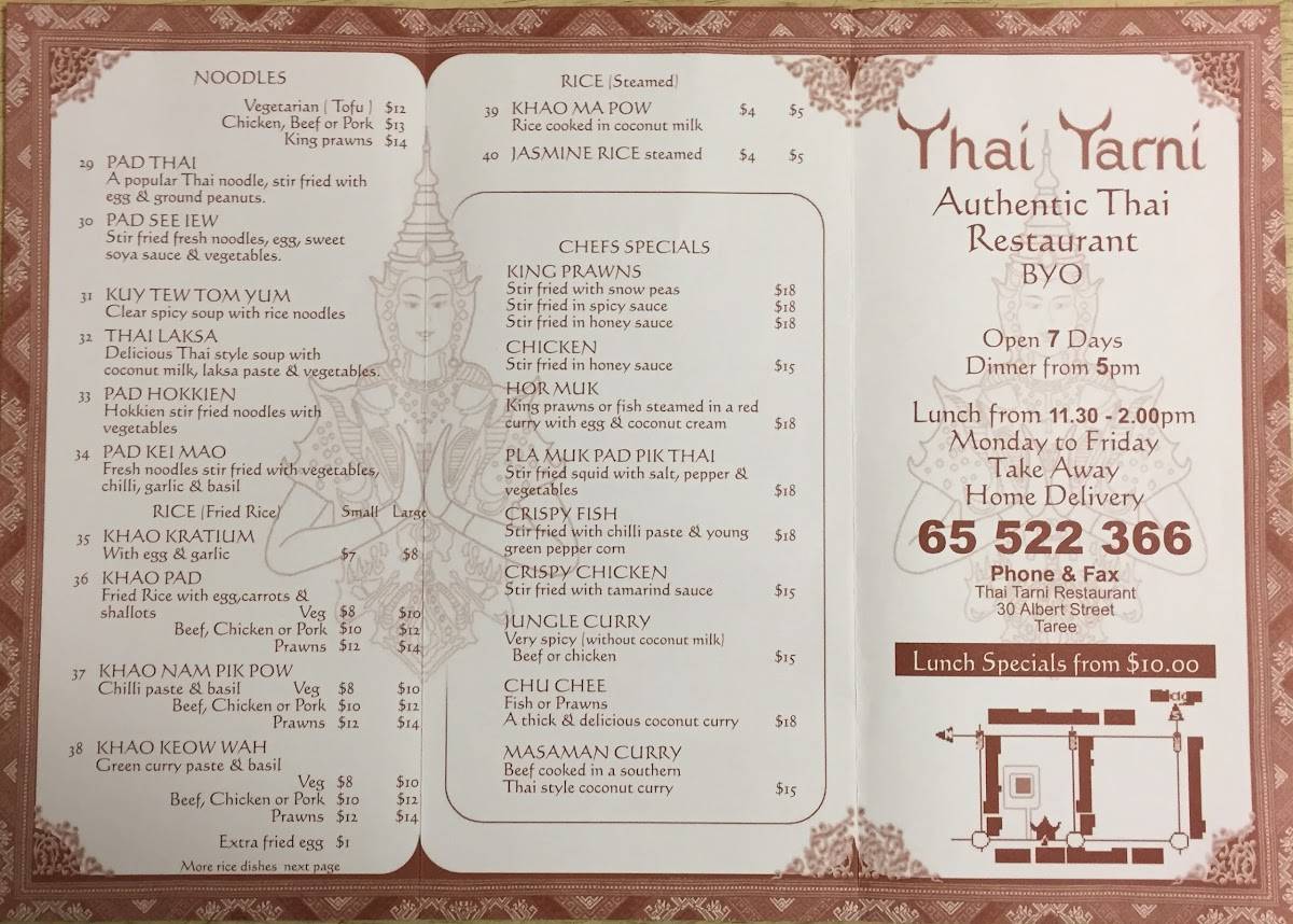 Menu at Thai Tarni Restaurant, Taree