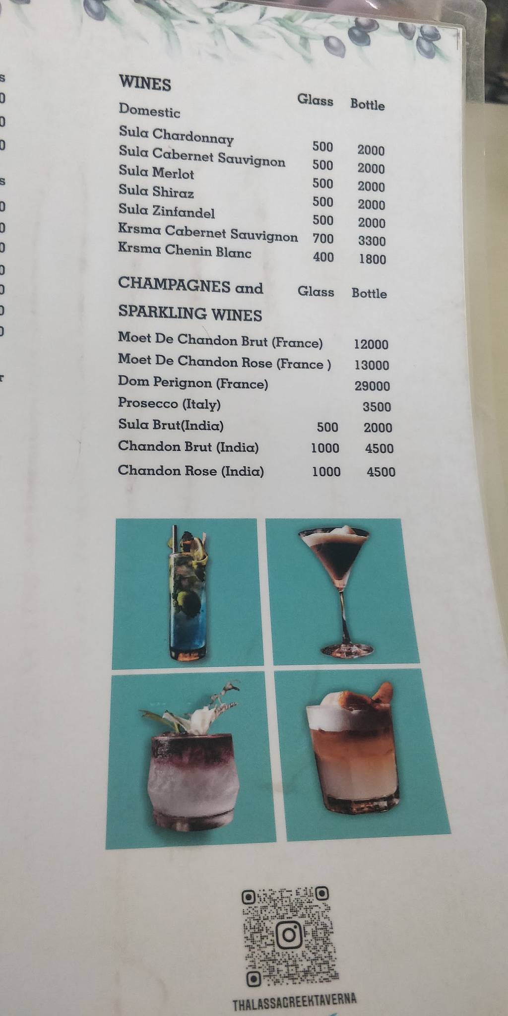 Menu at Thalassa Greek Taverna, Panaji