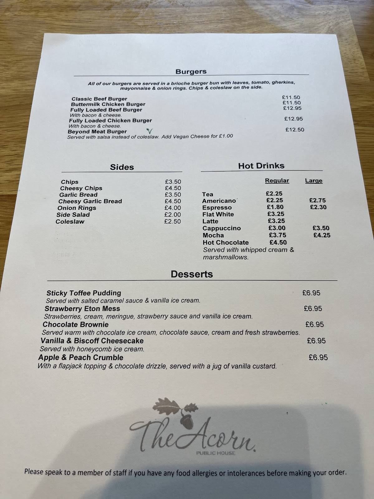 Menu at The Acorn pub & bar, Poole