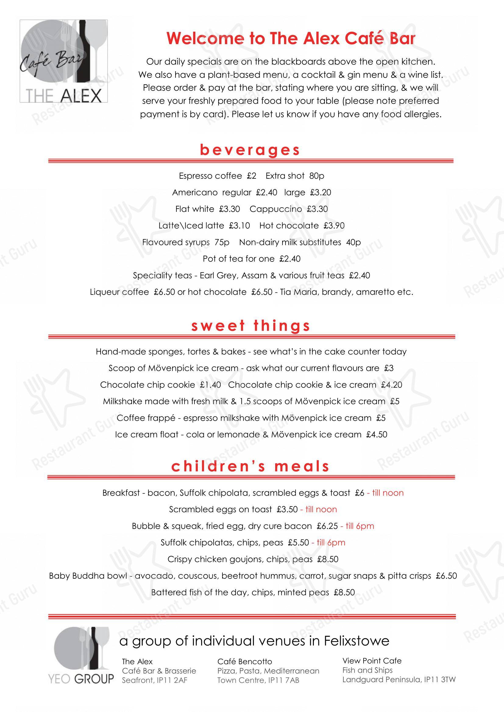 Menu at The Alex Café Bar & Brasserie, Felixstowe