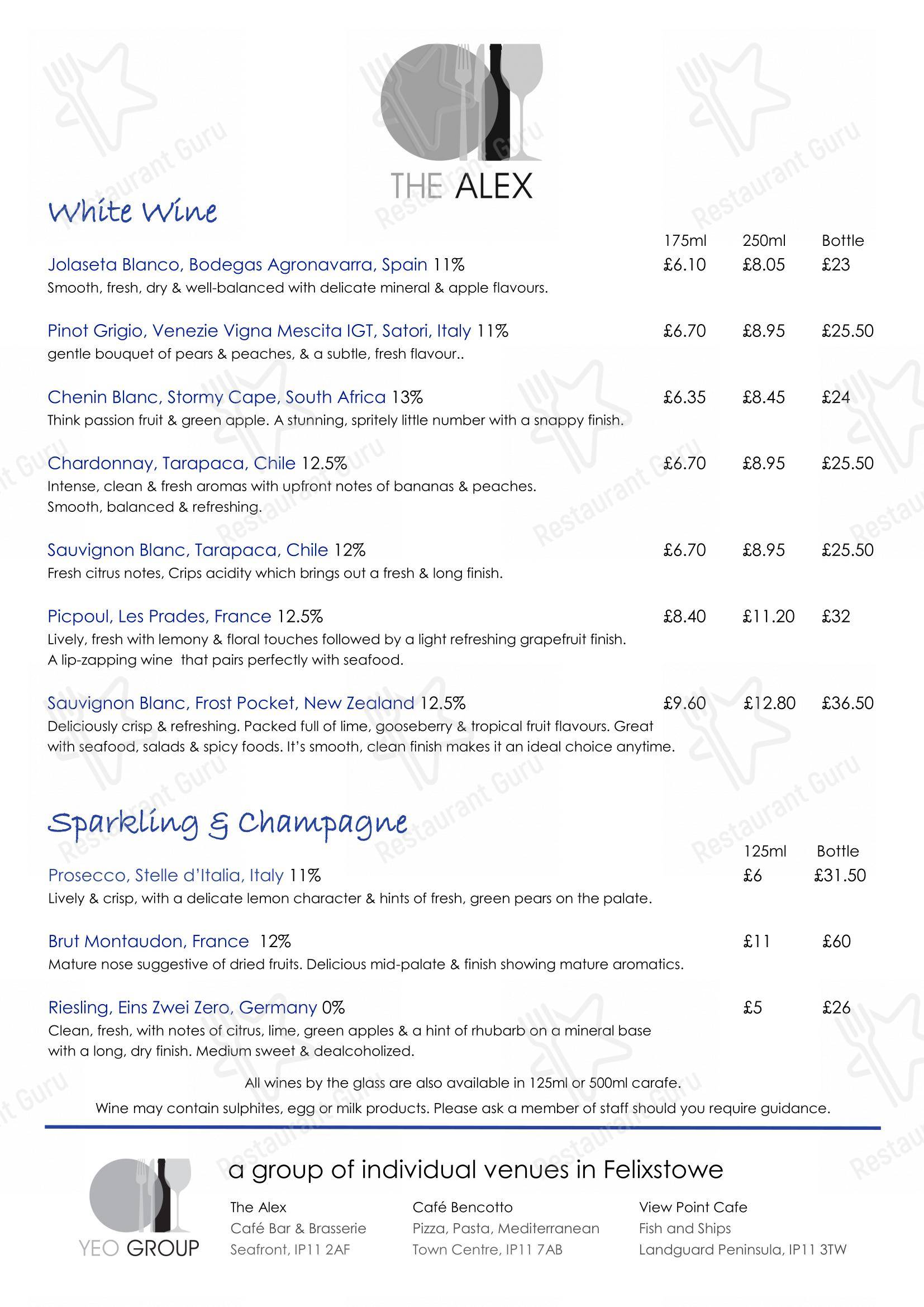 Menu at The Alex Café Bar & Brasserie, Felixstowe