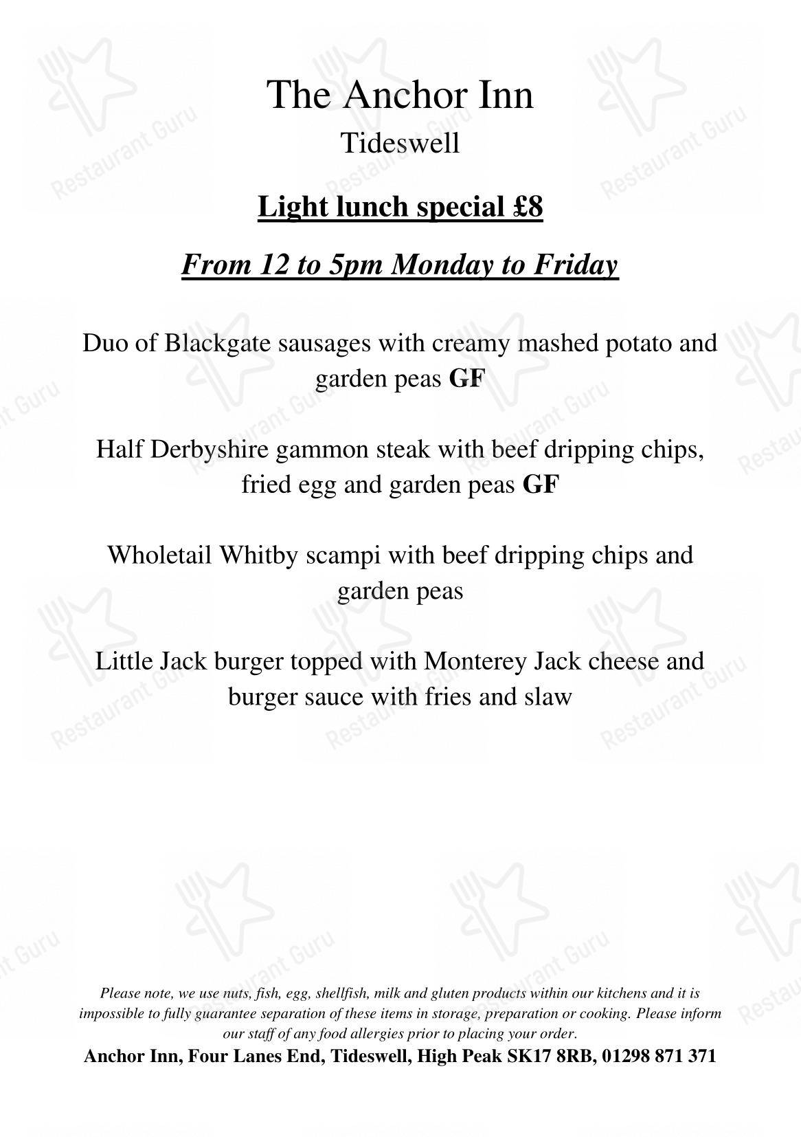 Menu at The Anchor Inn pub & bar, Tideswell