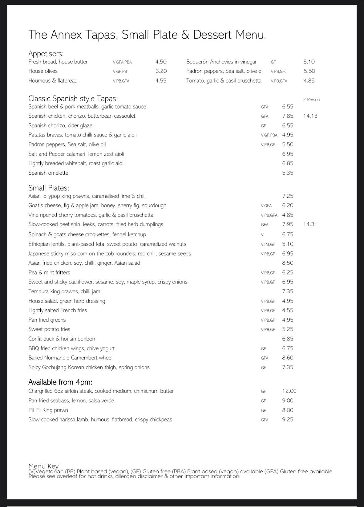 Menu at The Annex Tavistock restaurant, Tavistock