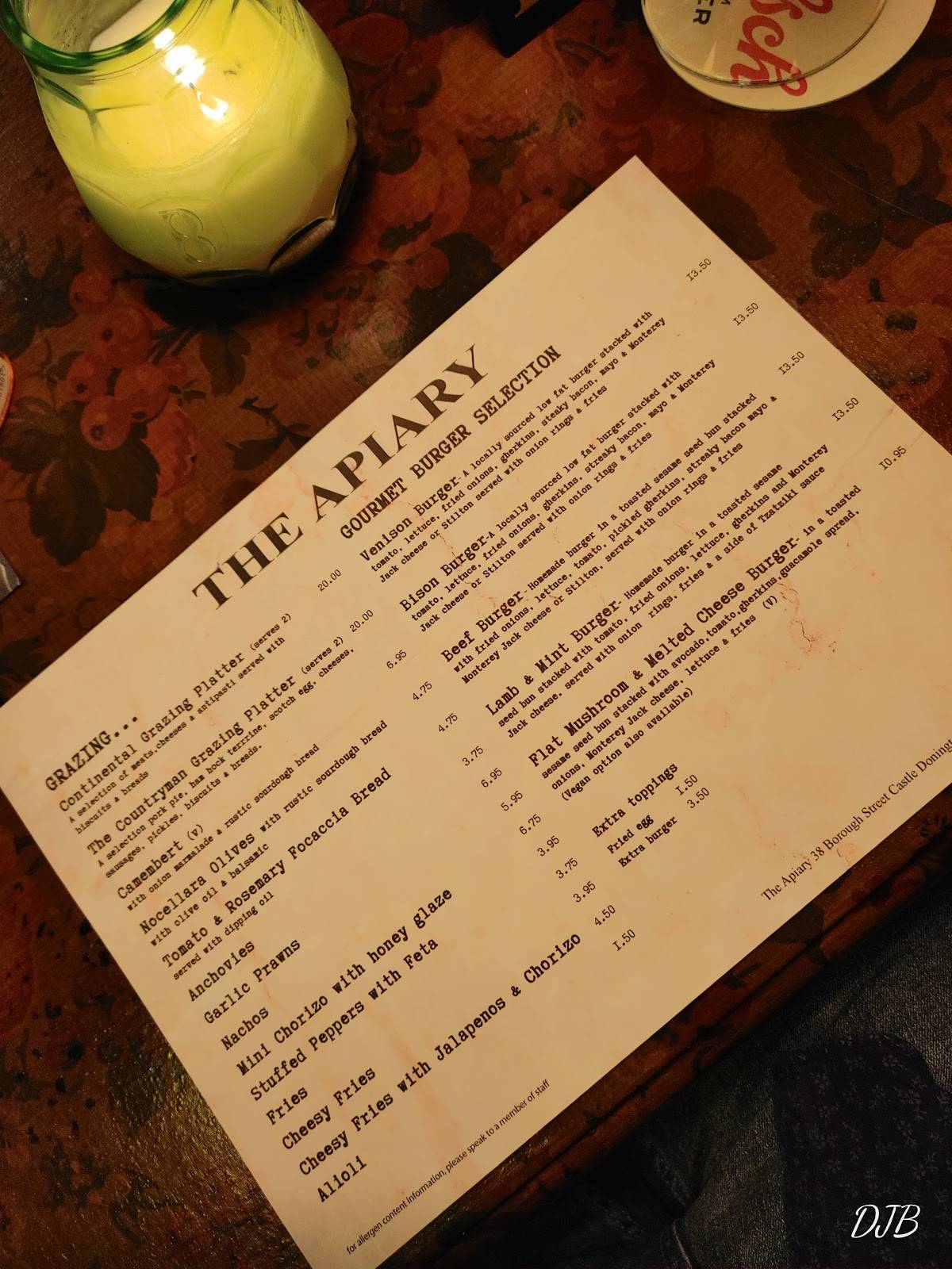 Menu at The Apiary at Castle Donington cafe, Castle Donington