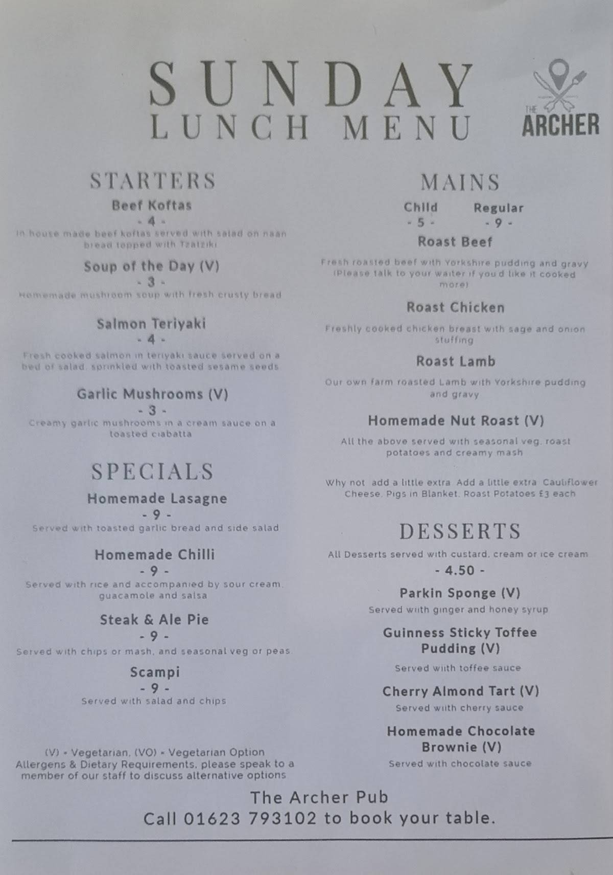 Menu at The Archer pub & bar, Mansfield, Warsop Ln