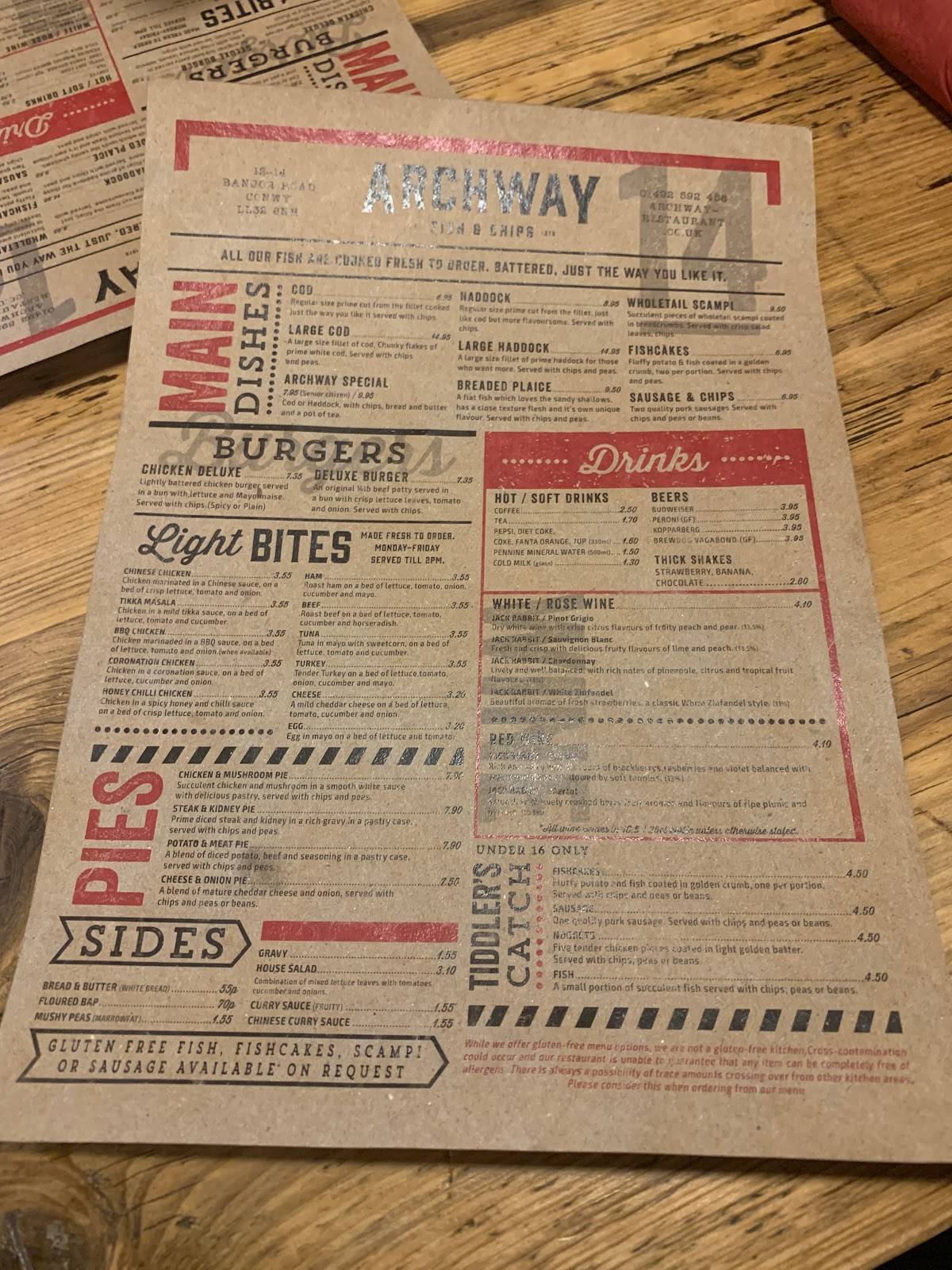 Menu at The Archway fast food, Conwy