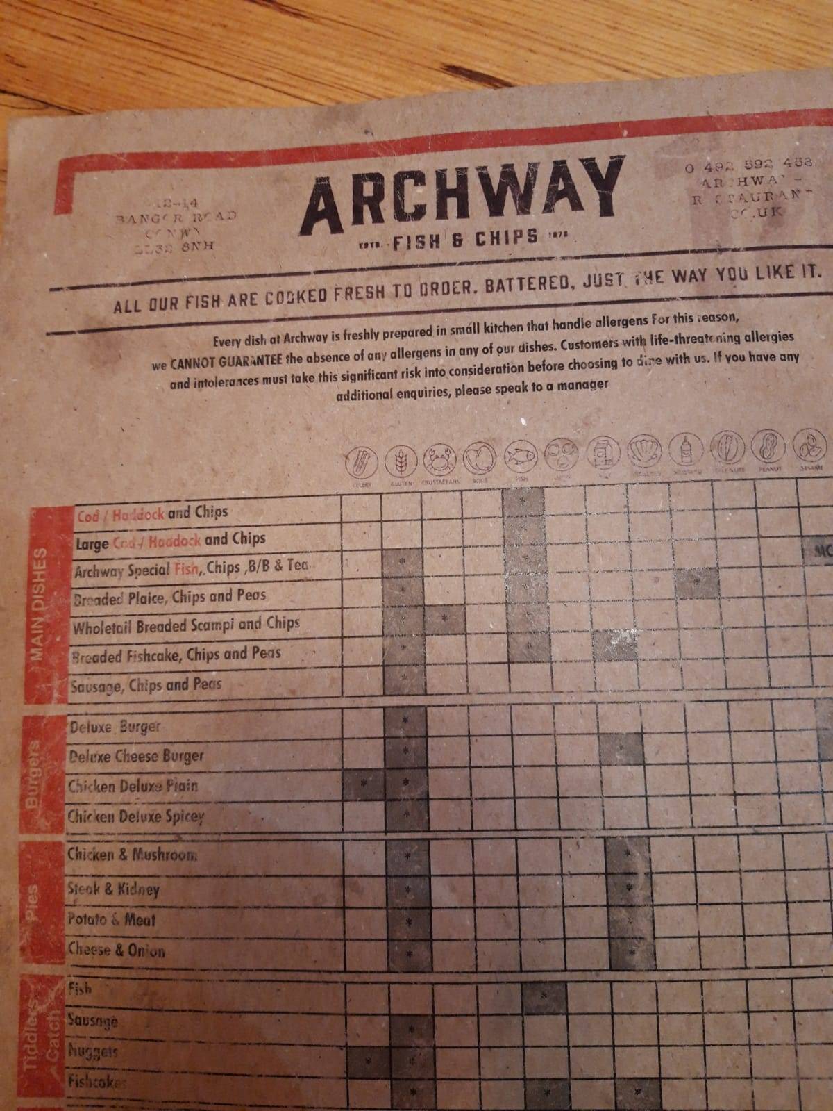 Menu at The Archway fast food, Conwy