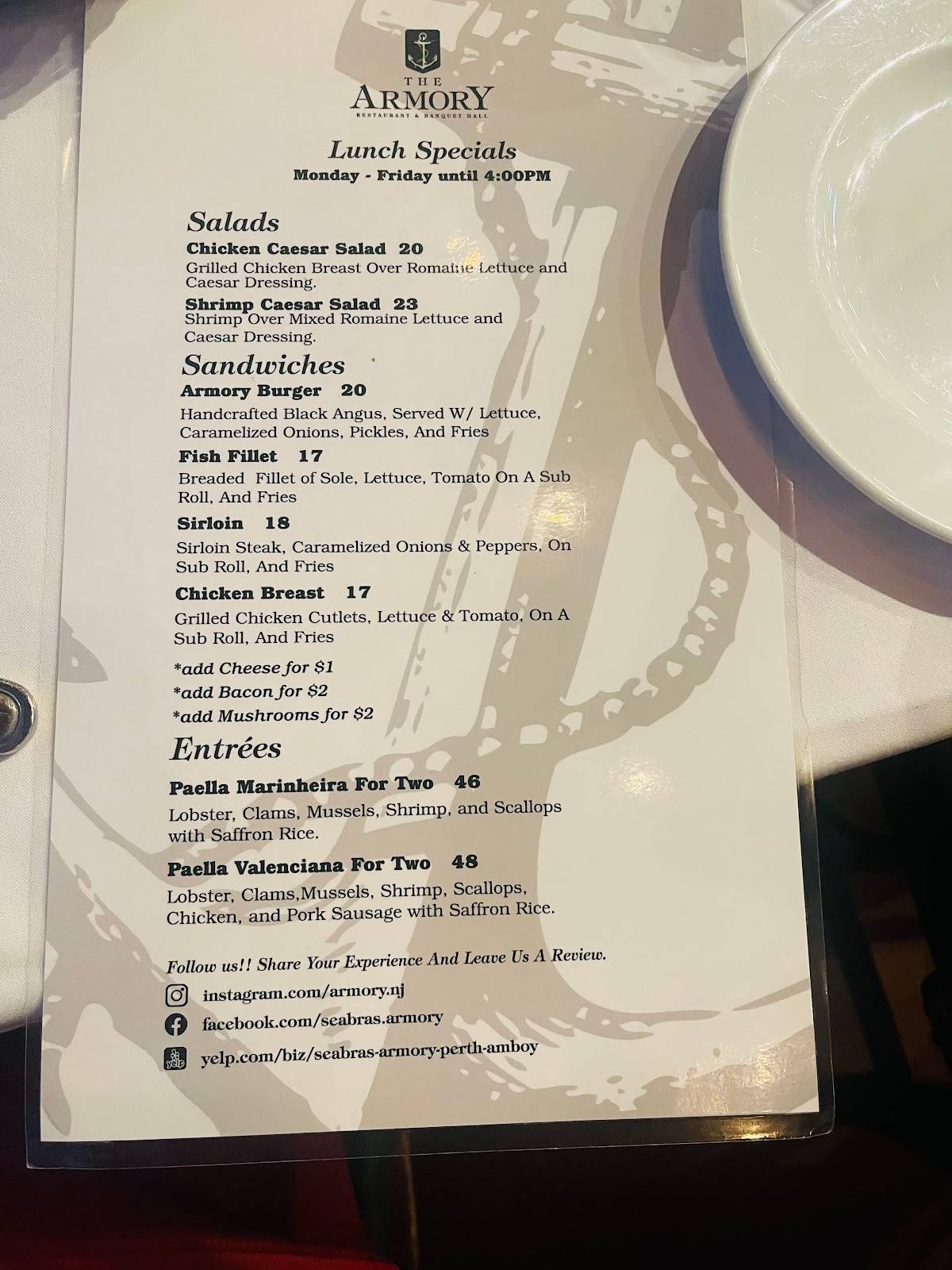 Menu at The Armory NJ restaurant, Perth Amboy