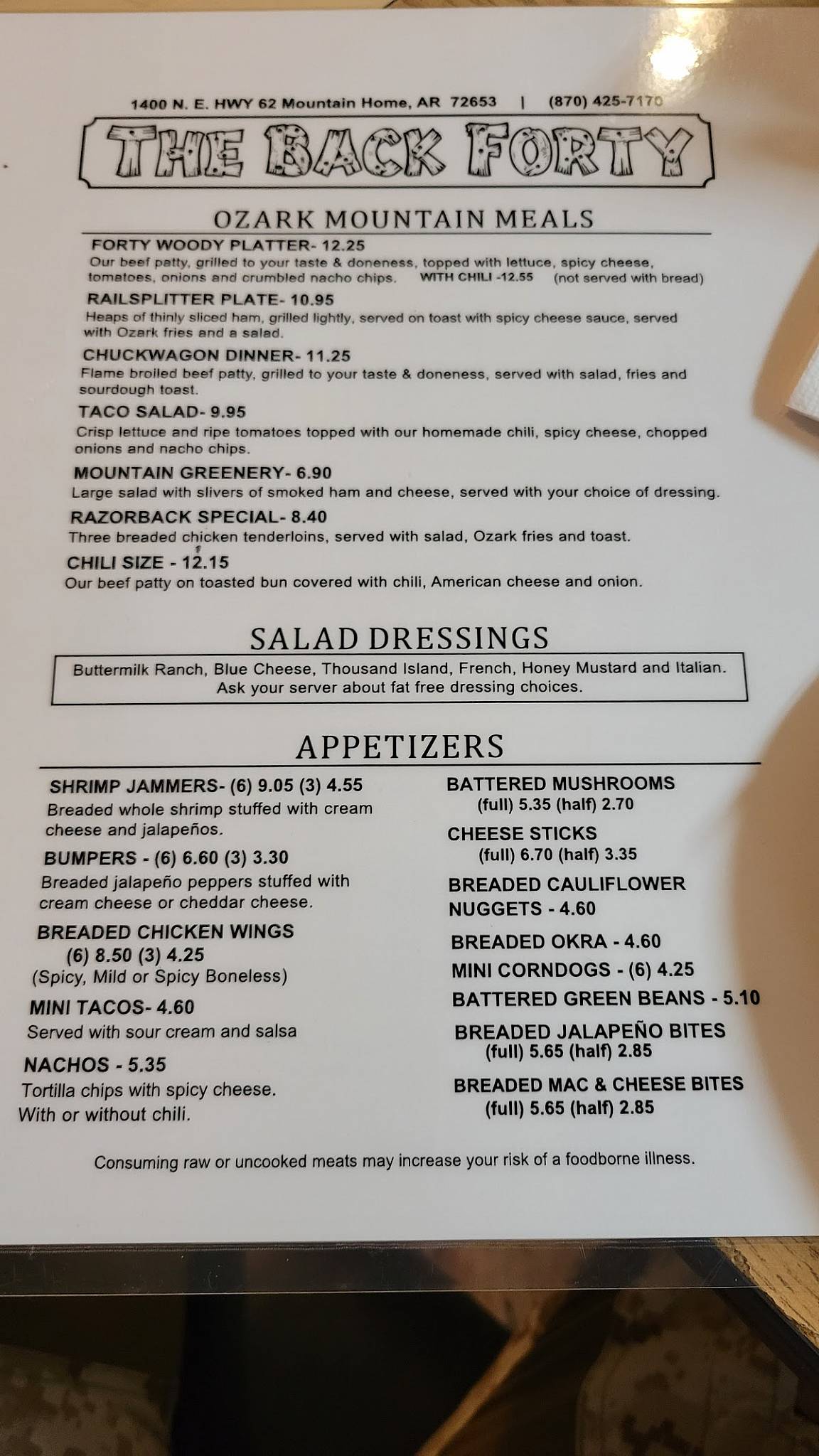 Menu at The Back Forty restaurant, Mountain Home