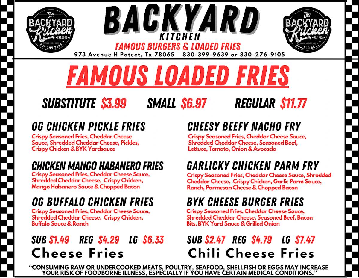 Menu at The Backyard Kitchen restaurant, Poteet