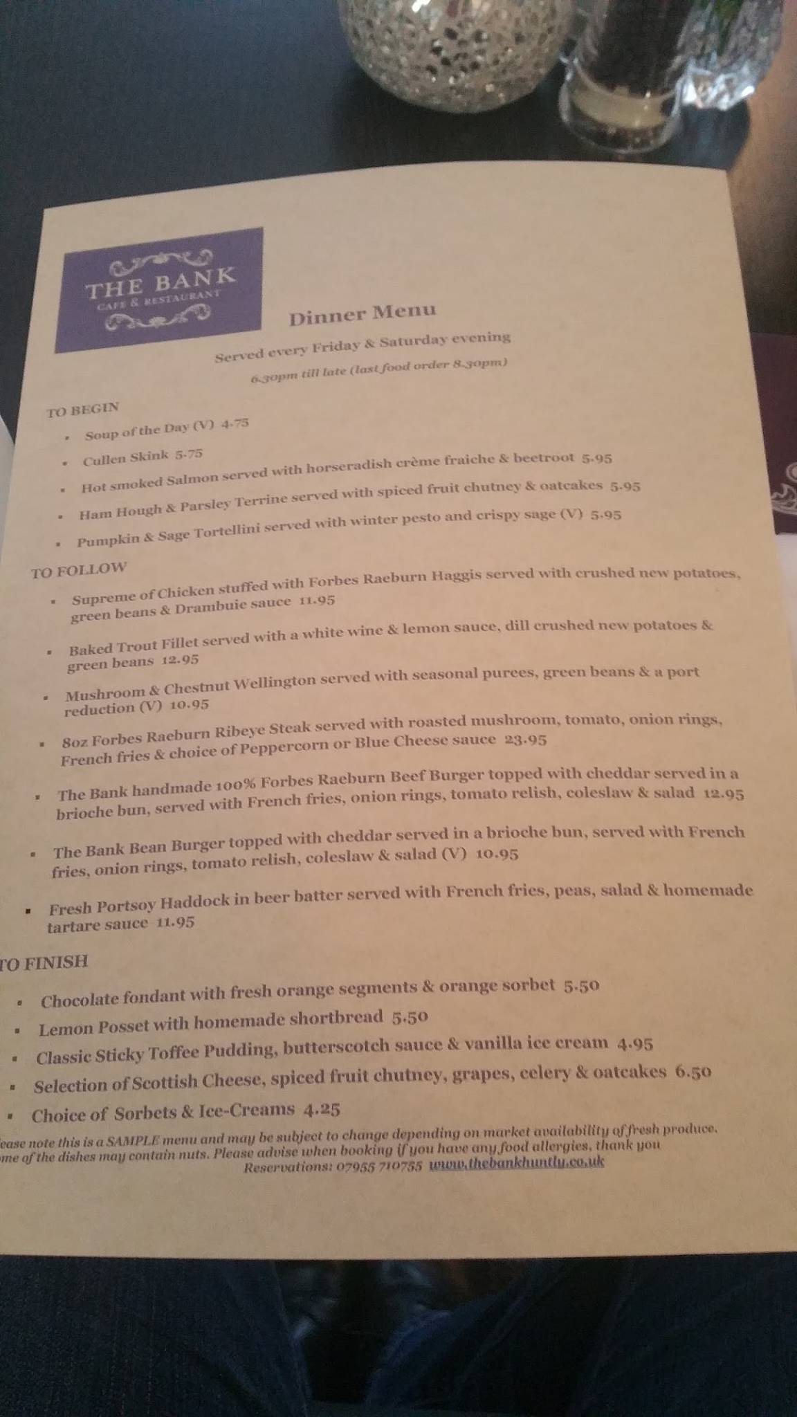Menu at The Bank Cafe & Restaurant, Huntly