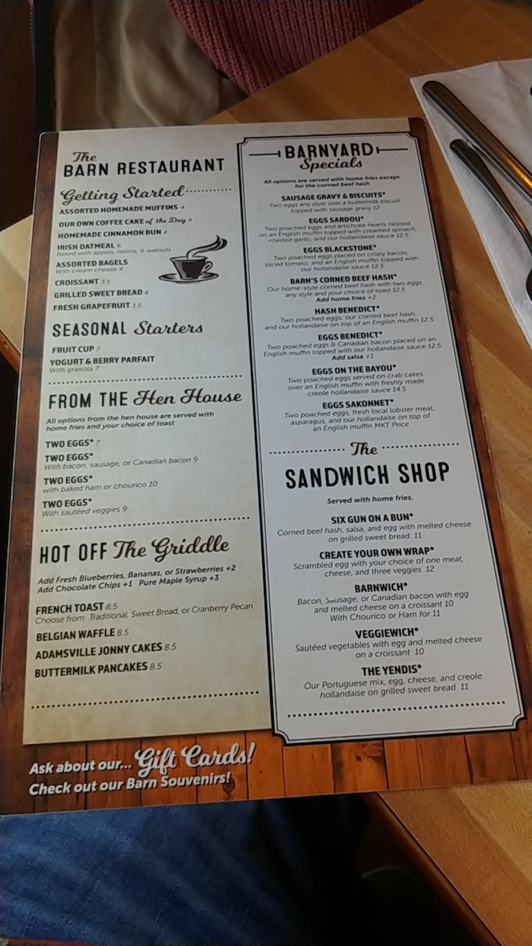 Menu at The Barn Restaurant, Little Compton