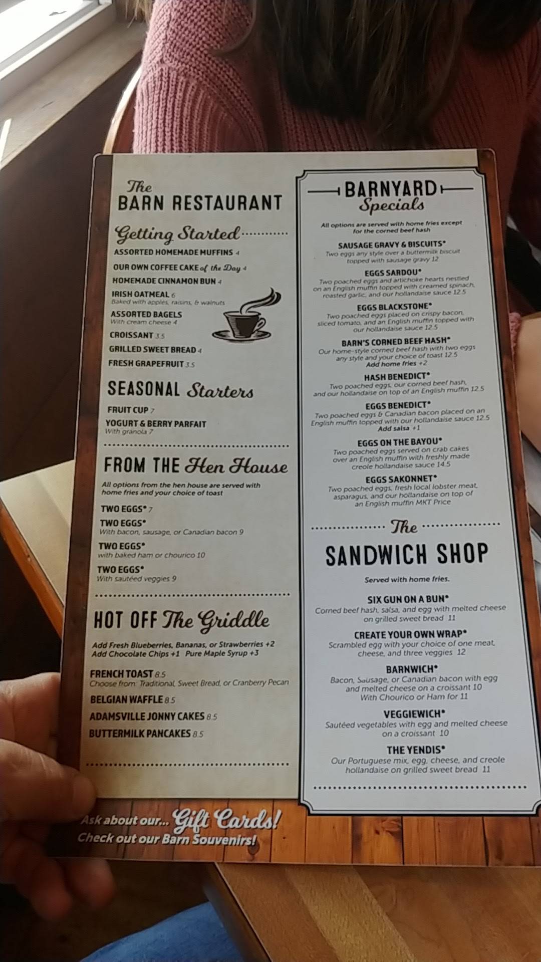 Menu at The Barn Restaurant, Little Compton