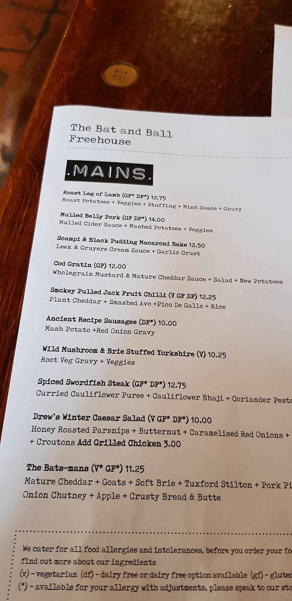 Menu at The Bat & Ball Freehouse pub & bar, Farnham